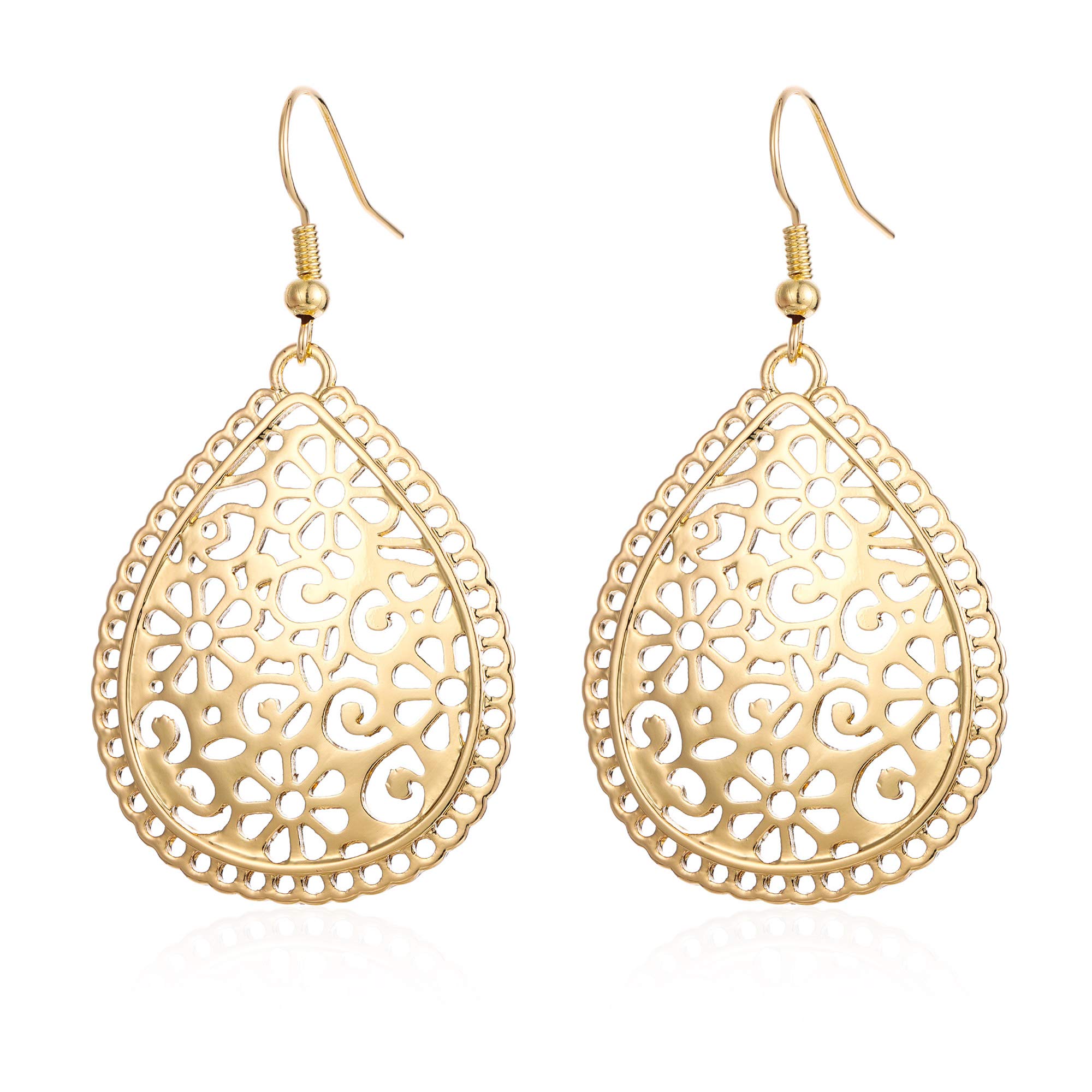 BIRSTONE Handmade Teardrop Earrings with Brushed Finished Dangle Earrings (Hollow Gold)