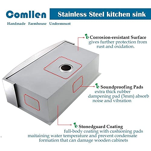 Comllen Commercial 33 Inch 304 Stainless Steel Farmhouse Sink, Single Bowl Kitchen Sink 16 Gauge 9 Inch Deep Handmade Undermount Kitchen Apron Sink Farm Sink