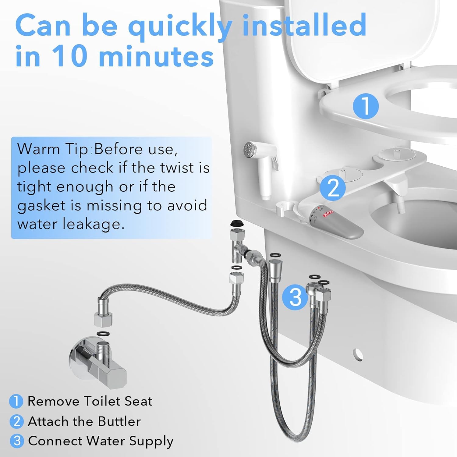 DEANIC 2-in-1 Bidet Attachment with Handheld Bath Bidet Sprayer, Ultra-Slim Adjustable Water Pressure Nozzle, Cold Water Non Electric Hand Sprayer for Toilet Seat (White, 2 Pack)