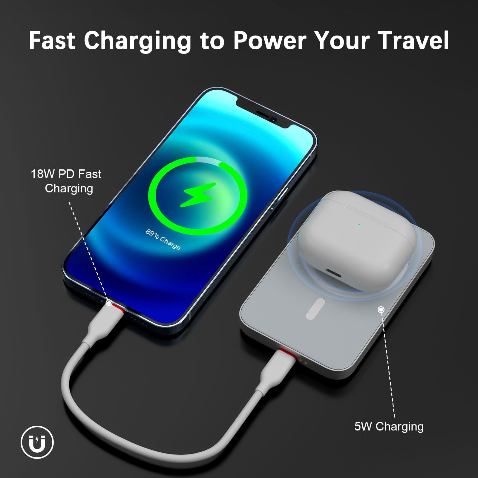 CHONGMANG Magnetic Portable Charger, Mini Power Bank 5000 mAh with 5W Wireless Charging and 18W USB-C Fast Charging,Comes with 2 Cables,Compatible for iPhone 14/13/12 (Silver)