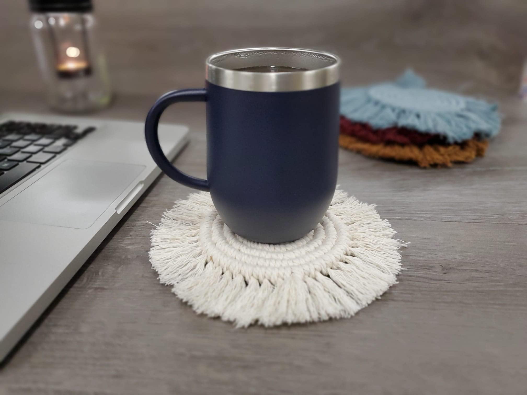 Saurya 100% Cotton Hand Knitted Bohemian Macrame Coasters for Table, Desk, Wall, Garden | Set of 2 | Moisture Absorbent | Protects Surface from Stains | Great for Gifting (Ivory)
