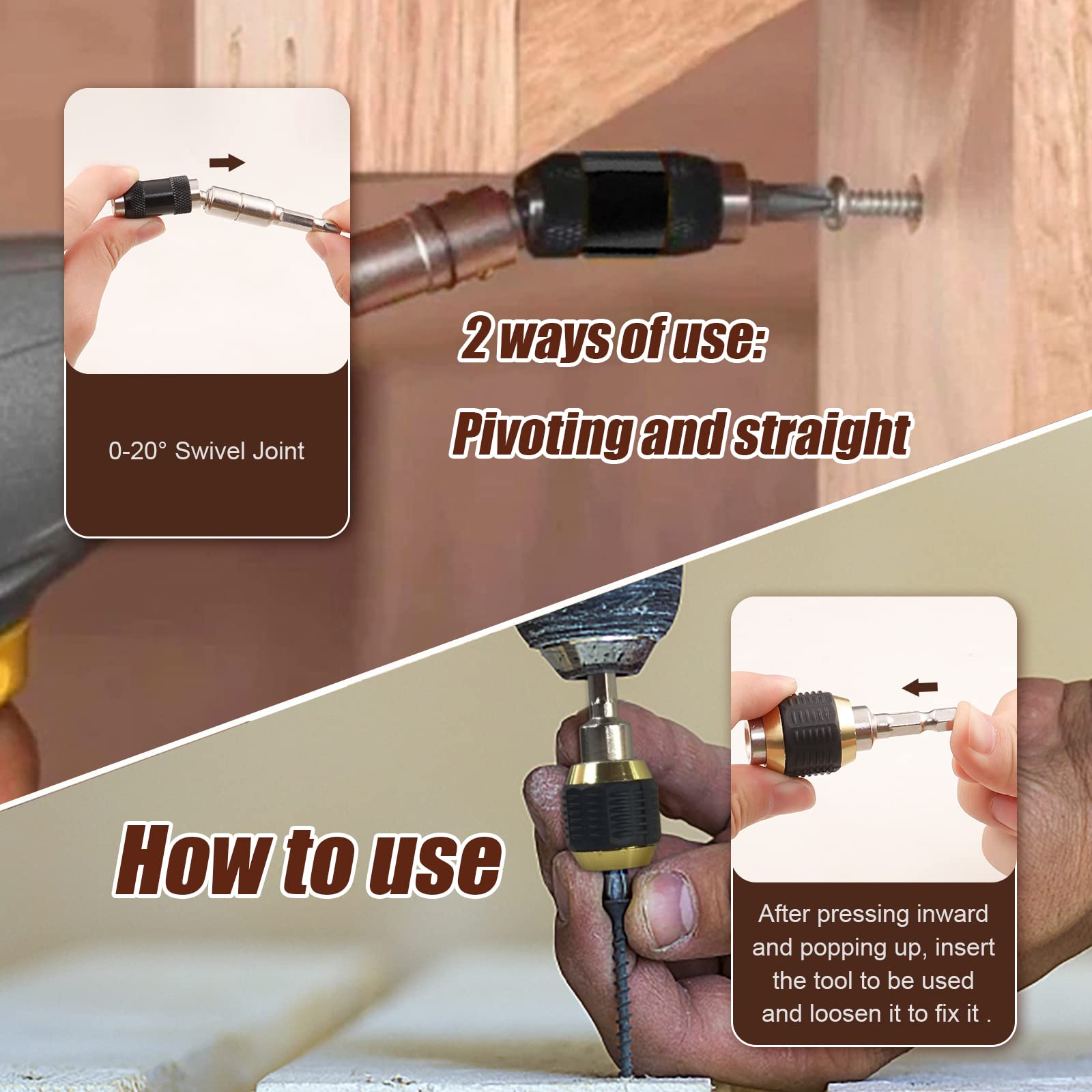 Drill Bit Holder Extension 6Pc Flexible Magnetic Swiveling Bit Tip Holder Bar Set Chuck Adapter Extender Pivot Impact Driver Screw Pivoting Screwdriver Release Rotary Extender for Tight Space Corner