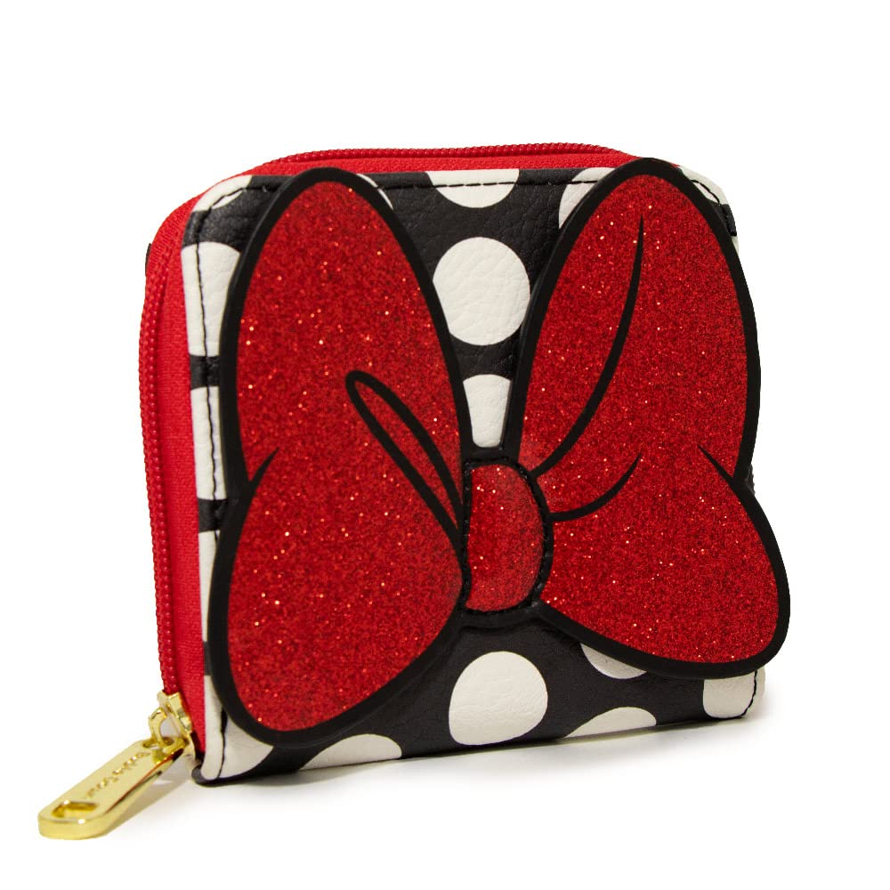 Buckle Down Disney Wallet, Square Zip Around, Minnie Mouse Glitter Bow, Black Vegan Leather