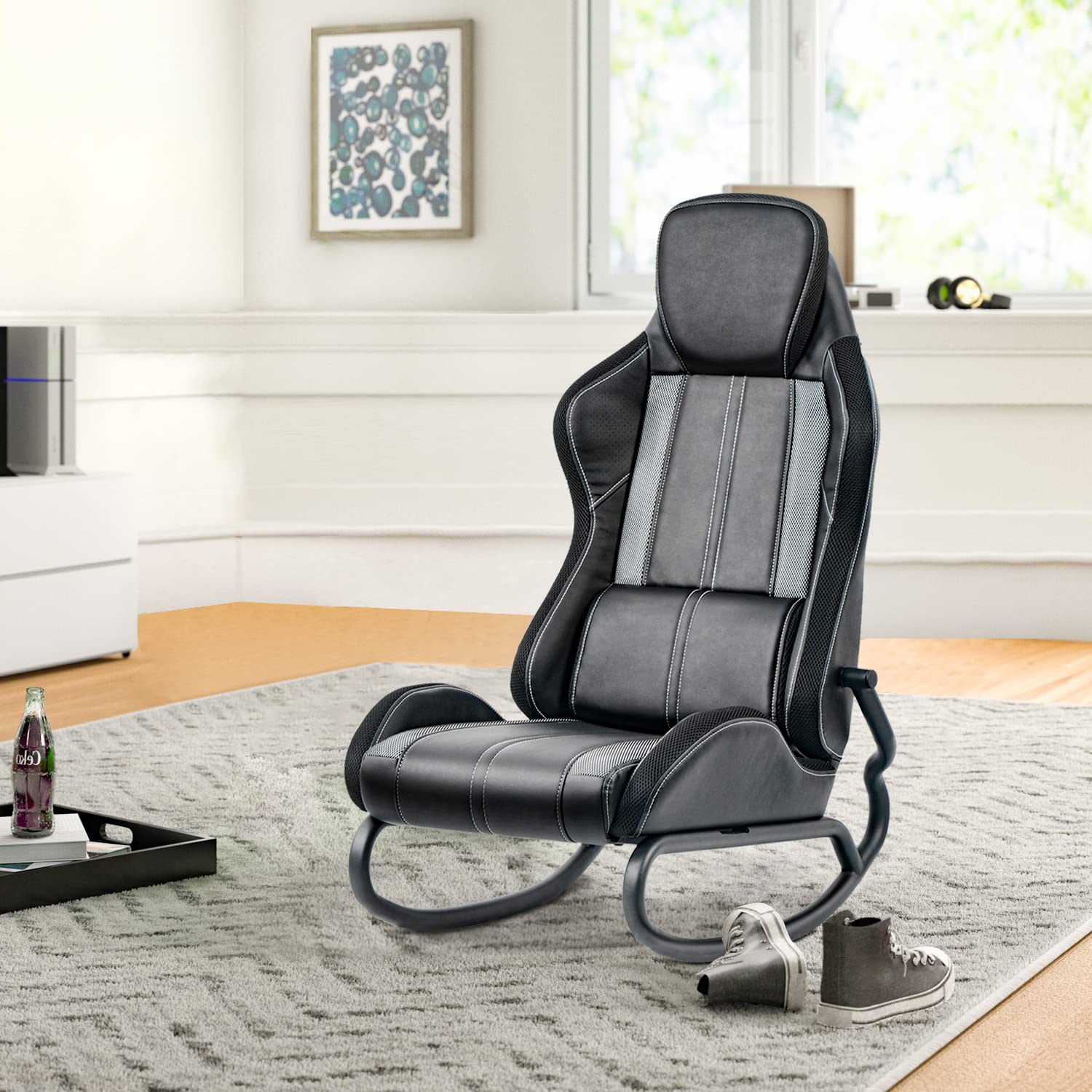 Upgrade Floor Chair Rocker Chair Floor Gaming Chair for Teens, Lightweight Design Without armrests Game Chairs with Folding Backrest, Lazy Sofa Lounger for TV,Reading,Playing. Black Silver