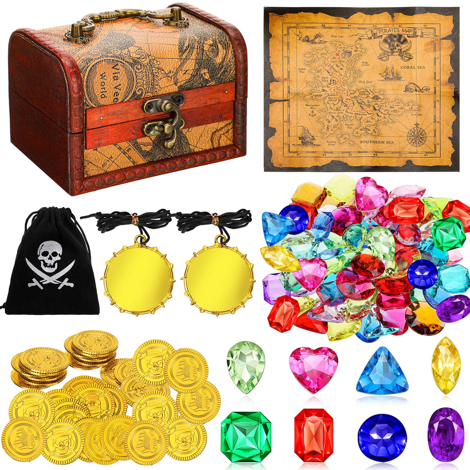 Yookeer 88 Pcs Pirate Treasure Chest for Kids Antique Color Big Treasure Chest Pirate Box Treasure Hunt Pirate Map Gold Coins Necklaces Gems for Pirate Themed Party Favors(Map Style)