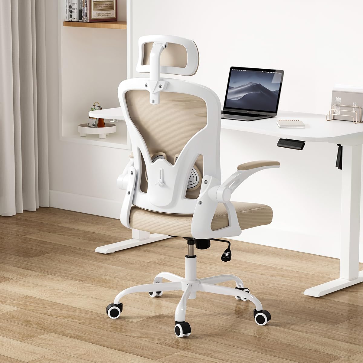 Farini Ergonomic Office Chair, Home Office Desk Chair with Headrest, High Back Computer Chair with Flip-up Armrests and Adjustable Lumbar Support for Home Office Study Bedroom, Khaki.
