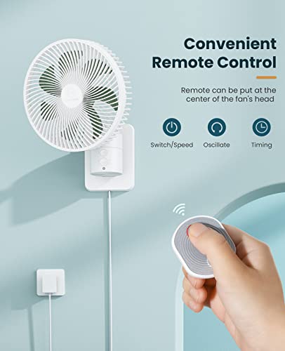 LEMOISTAR 8 Inch Small Wall Mounted Fan with Remote Control,AC/DC(12V), 90°Oscillating, 4 Speeds, Timer, Adjustable Tilt, 70-Inches Cord Ultra Quiet, for Home Office Bedroom Garage RV Camping-White