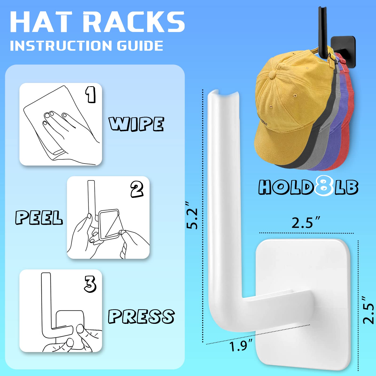 Hat Rack for Wall Organizer (4-Pack), Racks Baseball Caps, Adhesive Hooks Wall, No Drilling Hangers Closet Cowboy Holder Display, Sticky Storage Caps