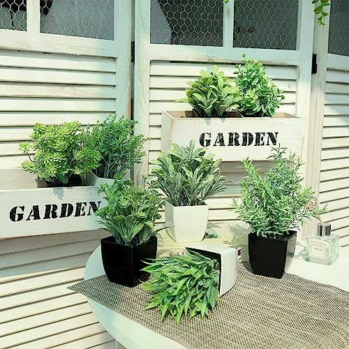 Fake Plants Mini Potted Artificial Plants, set of 8 Pack fake Plastic Eucalyptus Houseplants Greenery in Pot, Small Faux Plants Decor for Bathroom Home Office Farmhouse Desk Shelf(white,black)