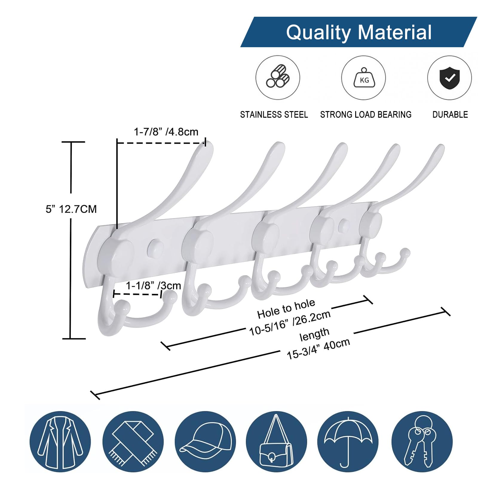 DVACEL 2 Pack Coat Rack Wall Mount, Wall Coat Rack with 5 Tri Hooks for Hanging Heavy Duty,Stainless Steel for Towel Clothes Coat Hanger Hat Rack Bathroom Bedroom Kitchen Hotel Entryway (White)