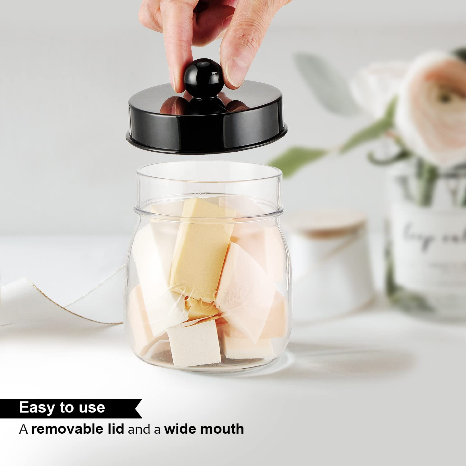Farmhouse Decor Apothecary Jar Set,Mason Jar Bathroom Vanity Storage Organizer Canister - Qtip Holder Plastic Acrylic Jar for Cotton Swabs,Cotton Pads,Floss Picks,Paper Clips,Hair Clips(2 Pack,Black)