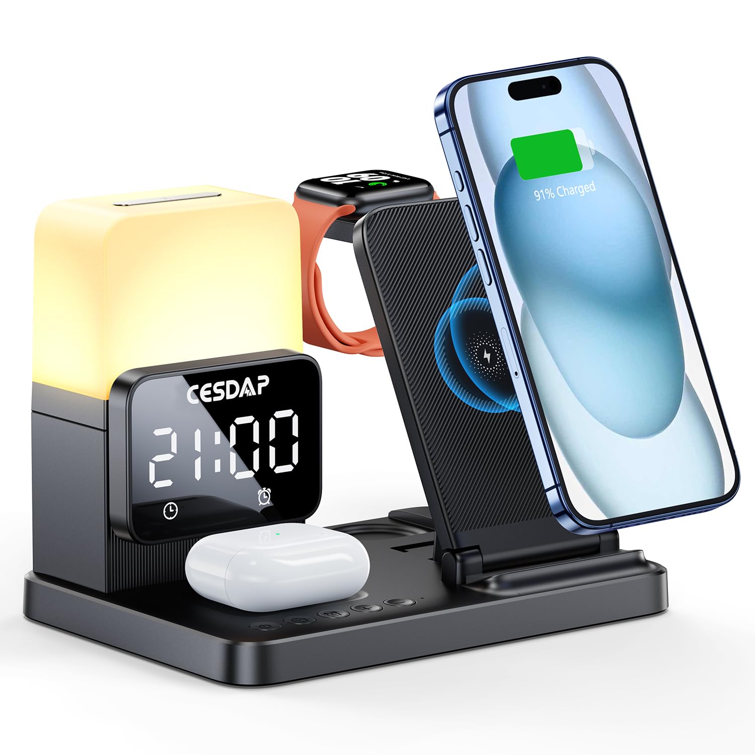 CESDAP C3 Pro Foldable 6 in 1 Charging Station for Multiple Devices with Alarm Clock Light 18W Charger for iPhone 15/14/13/12/11 for Apple Watch Charger for AirPods 3/2/Pro Gift for Women Men Dad Mom