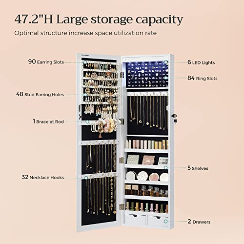 SONGMICS 6 LEDs Mirror Jewelry Cabinet, 47.2-Inch Tall Lockable Wall or Door Mounted Jewelry Armoire Organizer with Mirror, 2 Drawers, White UJJC93W
