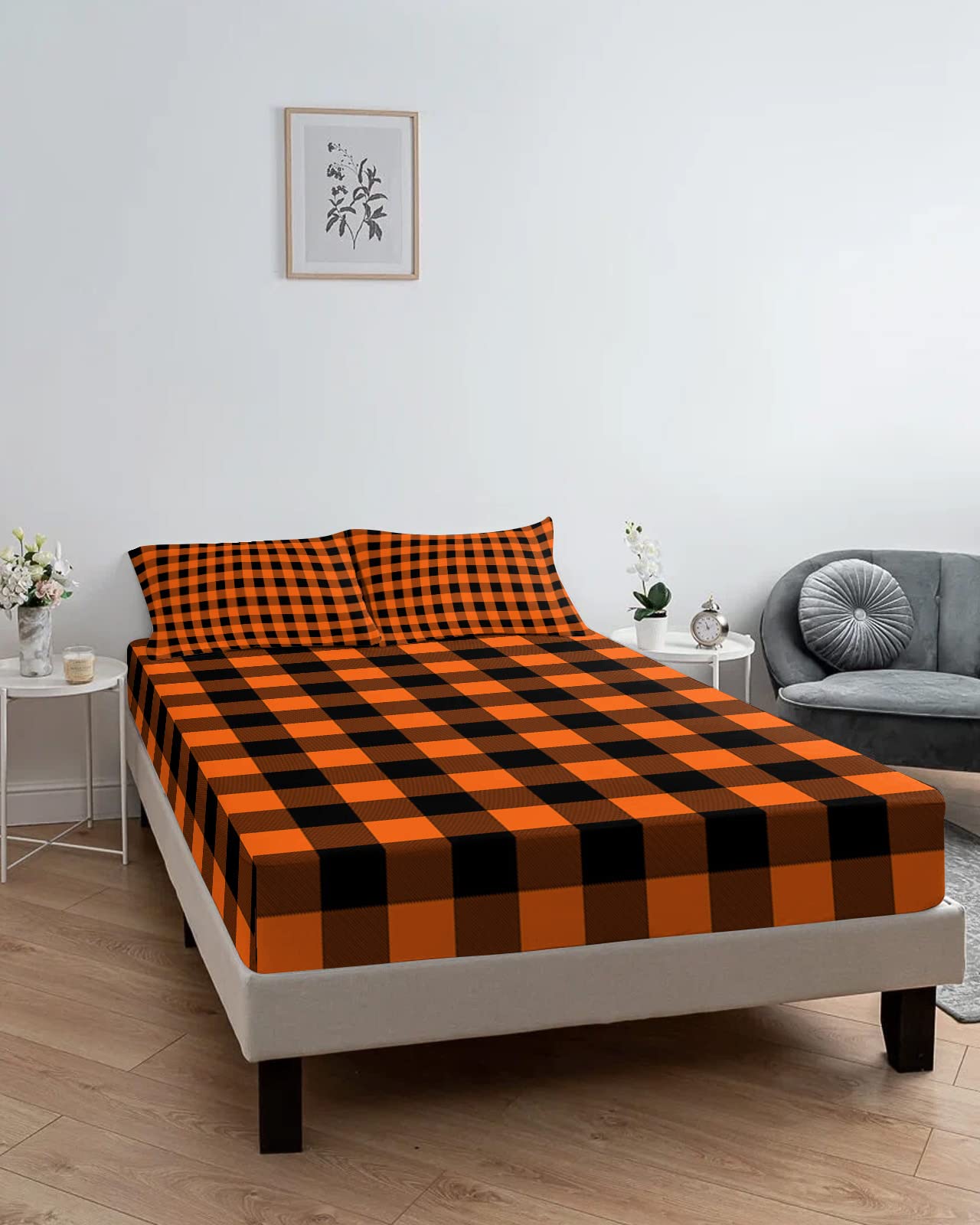 Farmhouse Orange Black Buffalo Plaid Fitted Bed Sheets Full Size Fit 5-16inch Deep Pockets,Luxury Bottom Sheet Bedding Set with Pillow Case,Gingham Lattice Fitted Sheet for Mattress