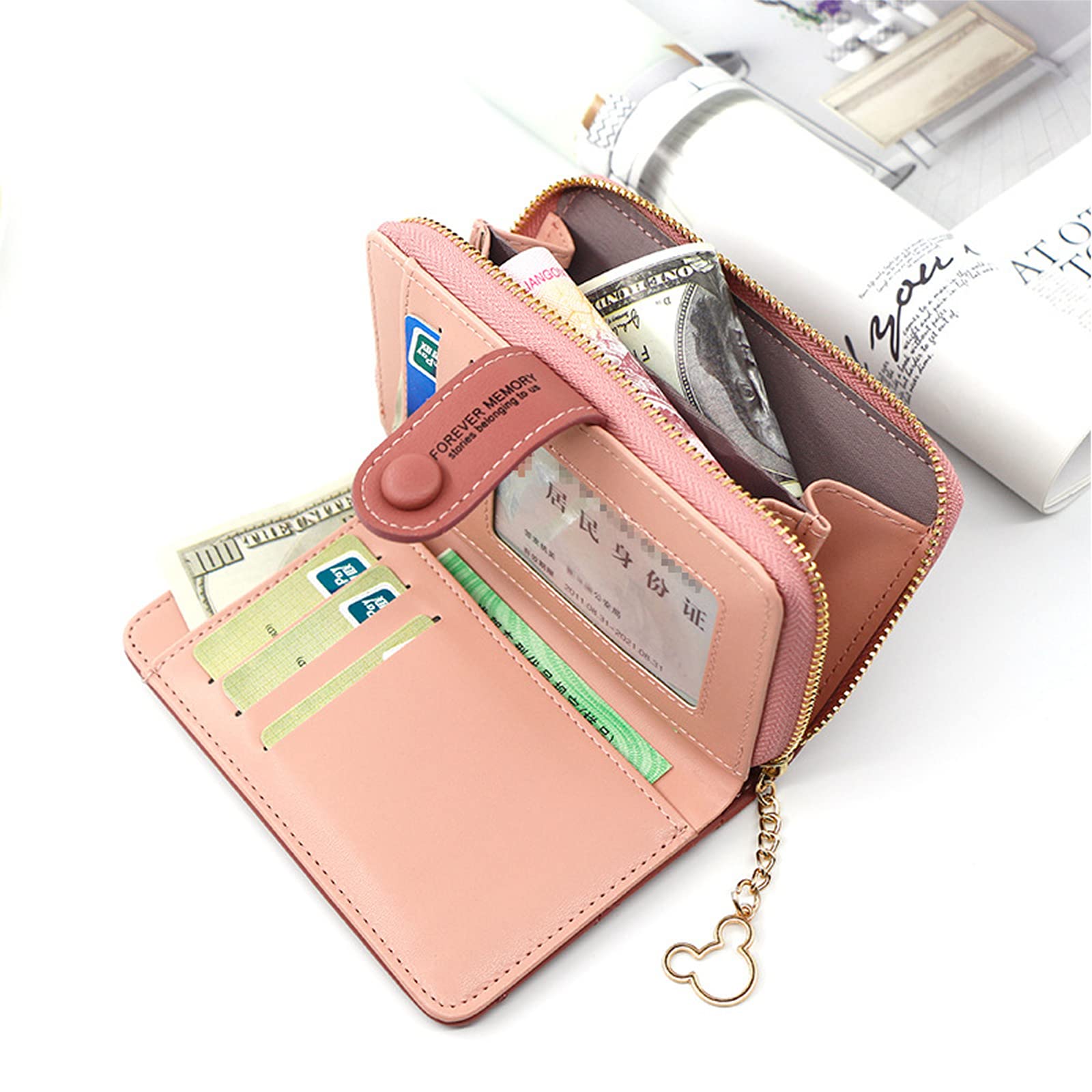 Card Wallets for Women with Zipper Pocket Leather Slim Small Wallet Rfid Blocking Bifold 5 Credit Coin Pocket Purse Medium Long (Red)