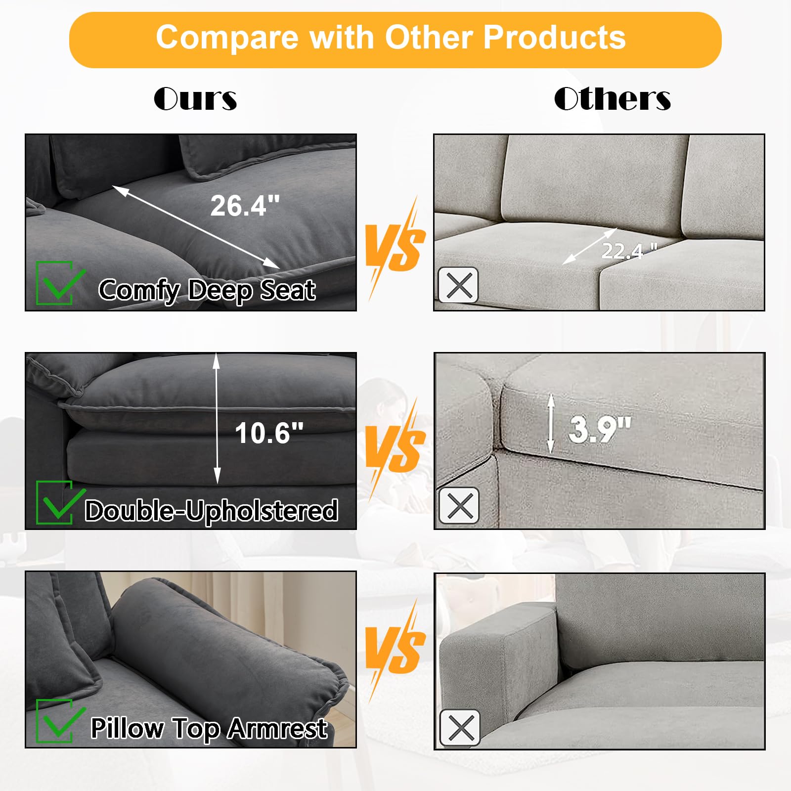 DRMBOOK 120" Modern Deep Cloud Couch Sectional with Ottoman, Velvet Sleeper Sofa Comfy Upholstered Couches for Living Room/Bedroom/Apartment/Office, Pillows Includes (Dark Grey)