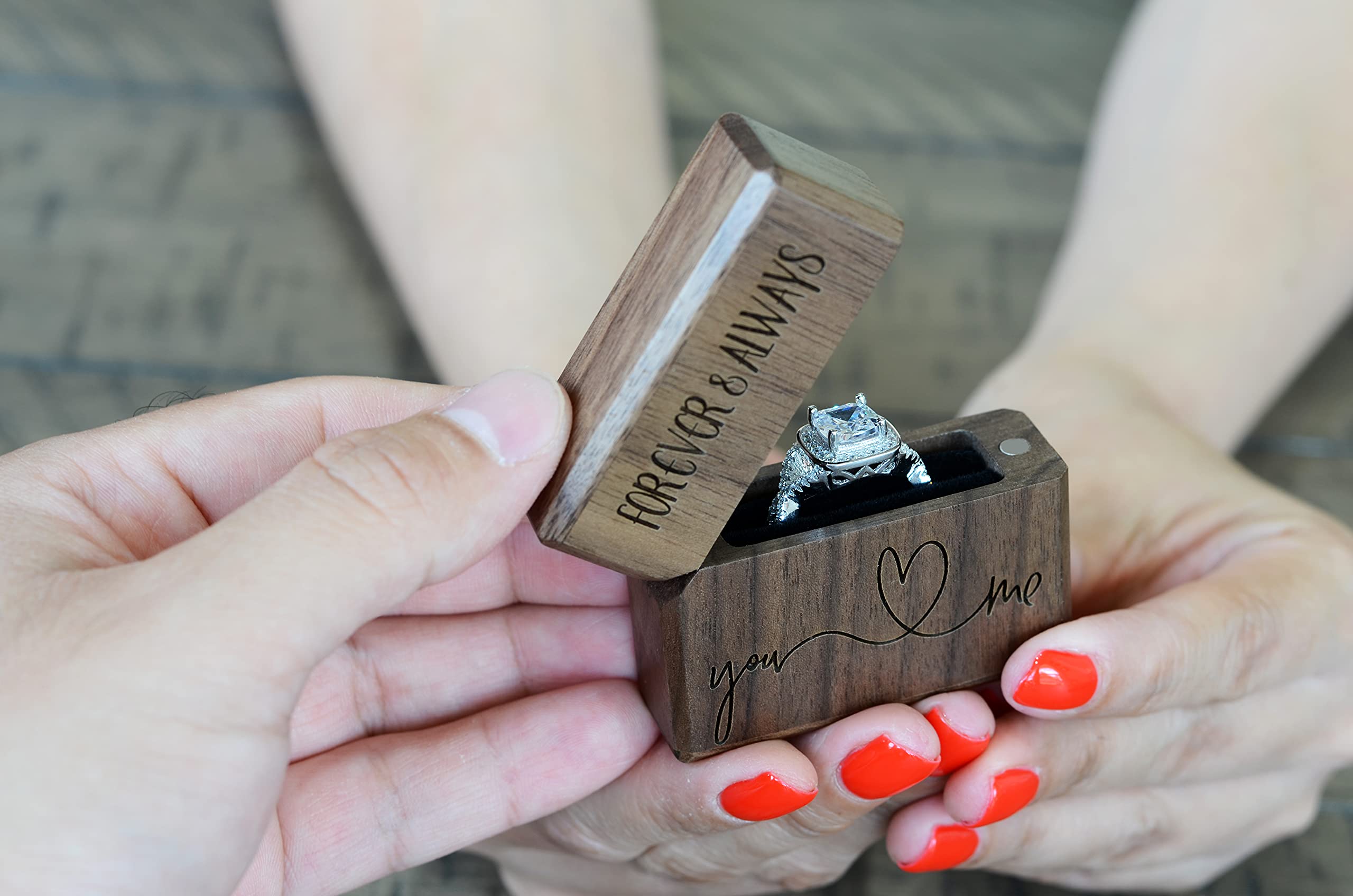 URBAN KRAFTS Engagement Ring Box for Proposal Slim Pocket Size Walnut Wooden Lighter Ring Box Engraved (Forever and Always You and Me)