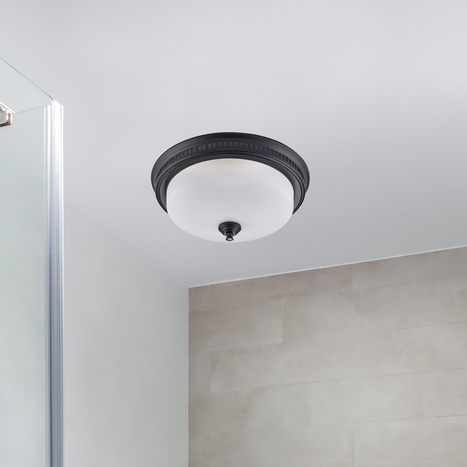 Decorative Round Matte Black 110CFM Bath Fan w/Integrated LED Light and Glass Globe