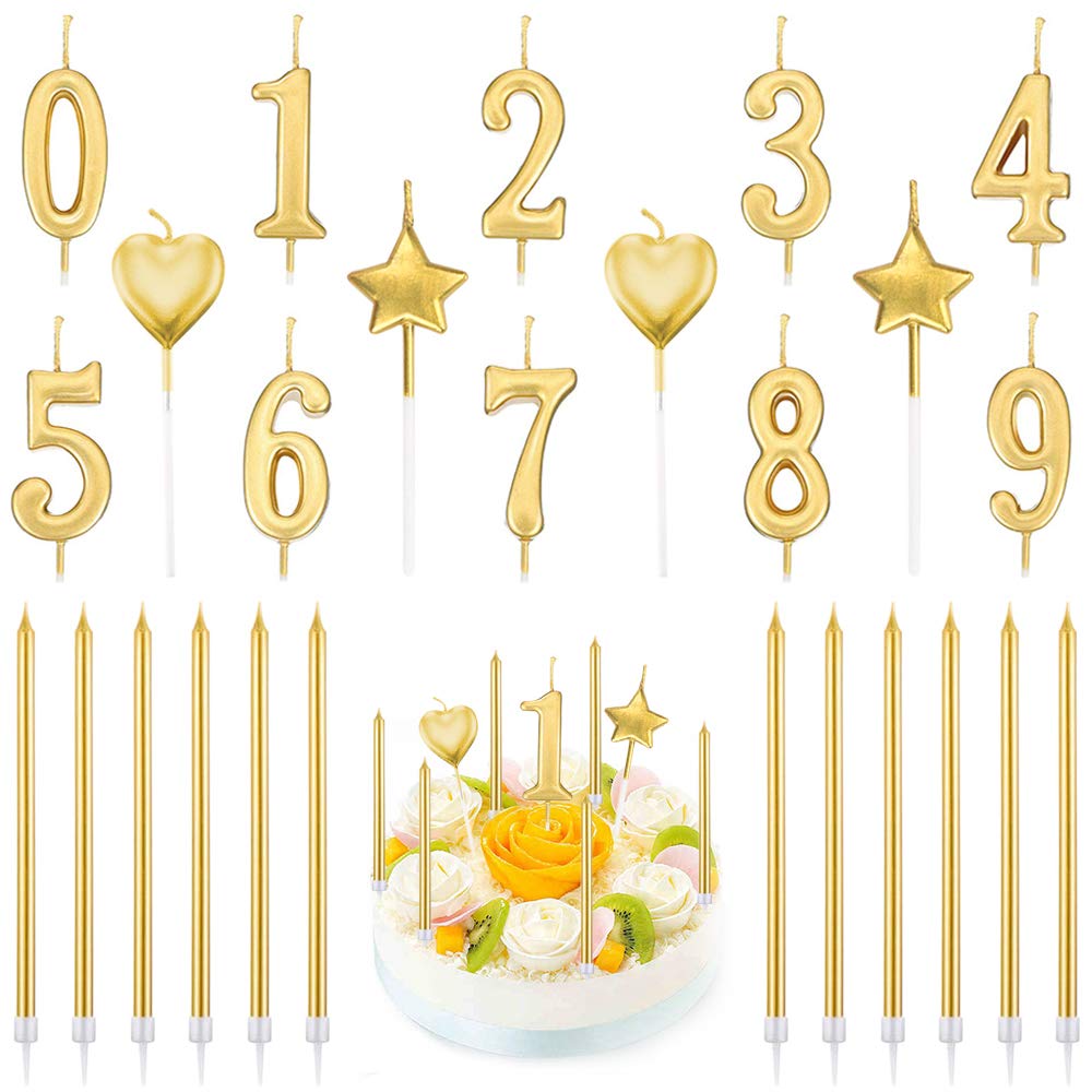 FULANDL 26Pcs Birthday Numeral Candles Set, 10Pcs Number 0-9 Glitter Cake Topper Decoration with 16Pcs Long, Star, Heart Birthday Candles (Gold)