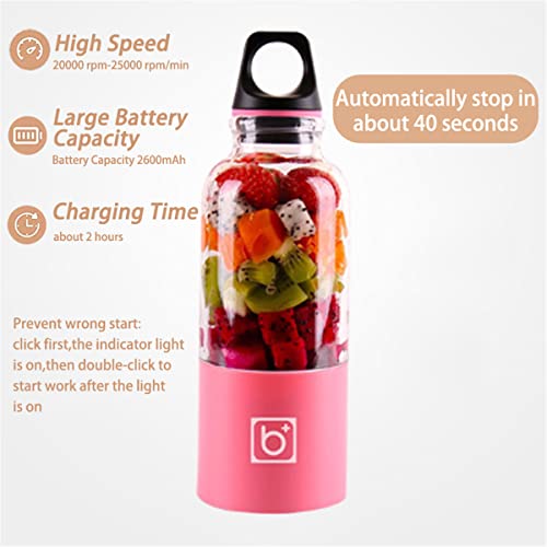 Portable Blender, Personal Blender for Shakes and Smoothies, Rechargeable USB High Speed 4-Blades Fresh Fruit Mixer Mini Juicer Cup,Handheld Blender for Sports Travel and Outdoors Pink