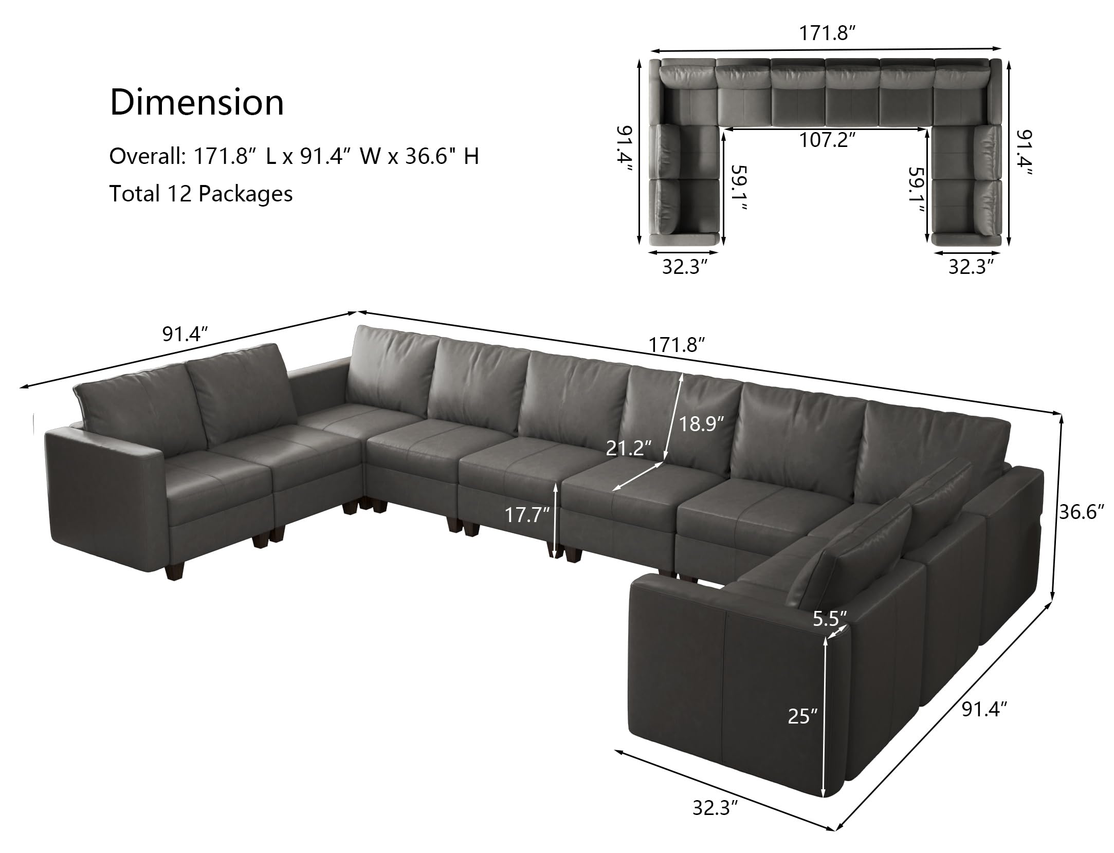 EASE MOOSE Large Sectional Sofa U Shaped Sectional Couch with Storage, Faux Leather Modular Sofa Convertible Sleeper Sofa with Reversible Chaises, Grey