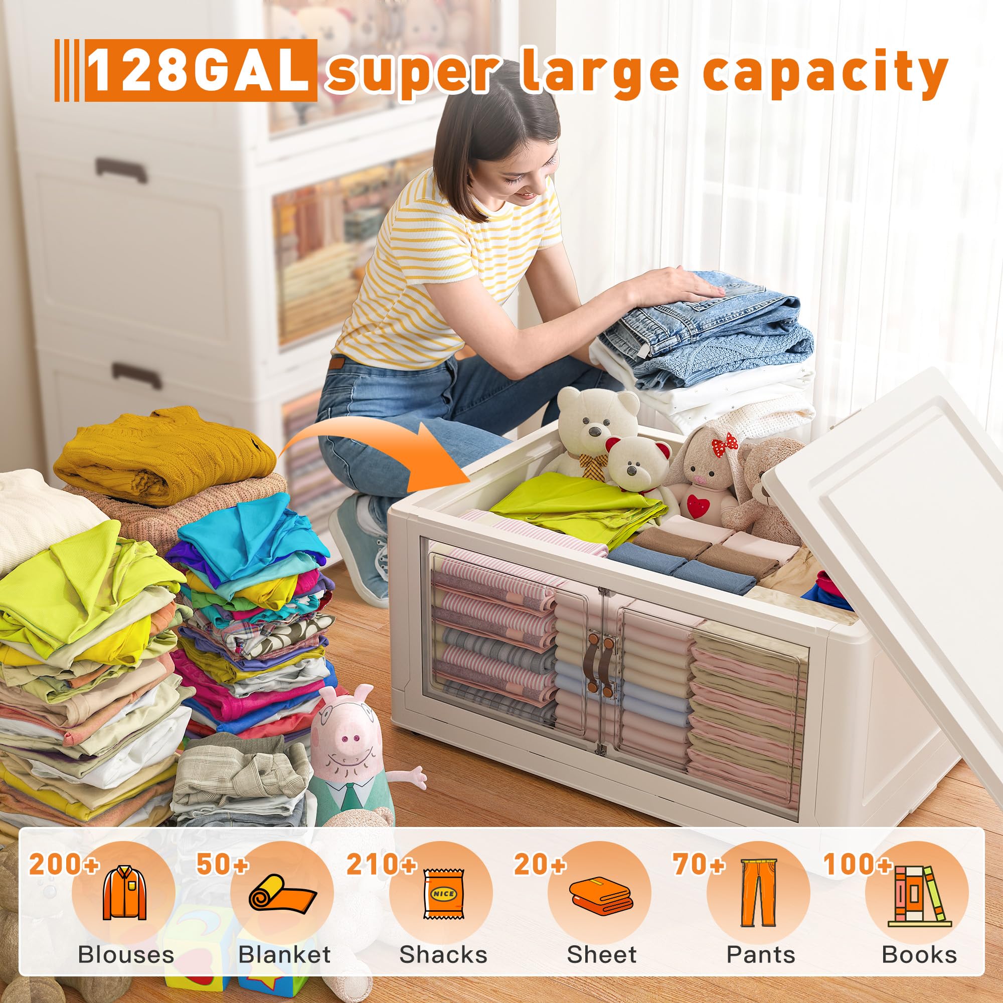 EnHomee 130 GAL Storage Bins with Lids Stackable Storage Bins with Wheels Collapsible Storage Bins Large Plastic Storage Bins Closet Organizers and Storage Bins for Bedroom Office 5PC