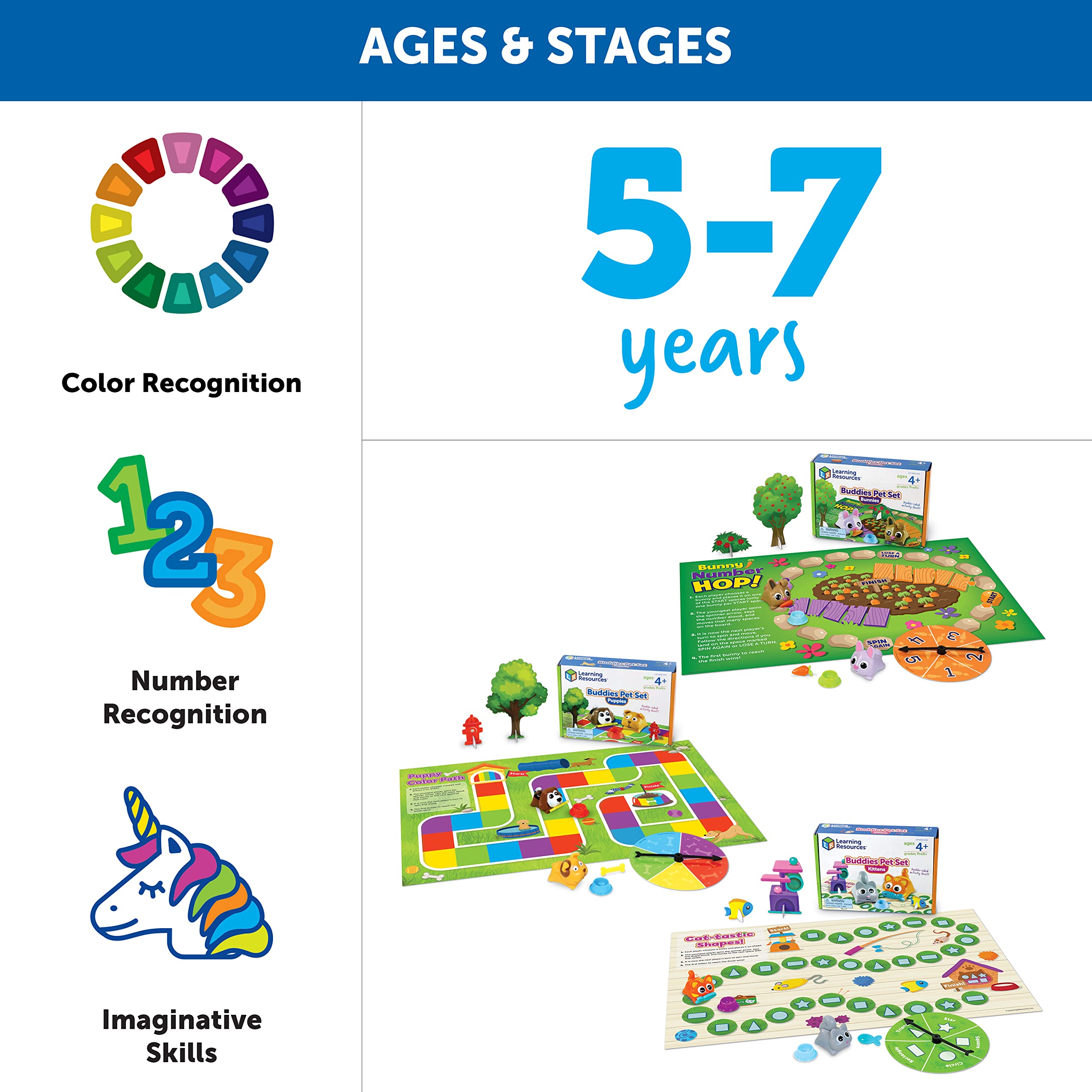 Learning Resources Buddies Pet Set 3 Games in 1 - 27 Pieces, Ages 4+ Preschool Learning Toys, Colors Number Shapes Recognition, Toddler Learning Games