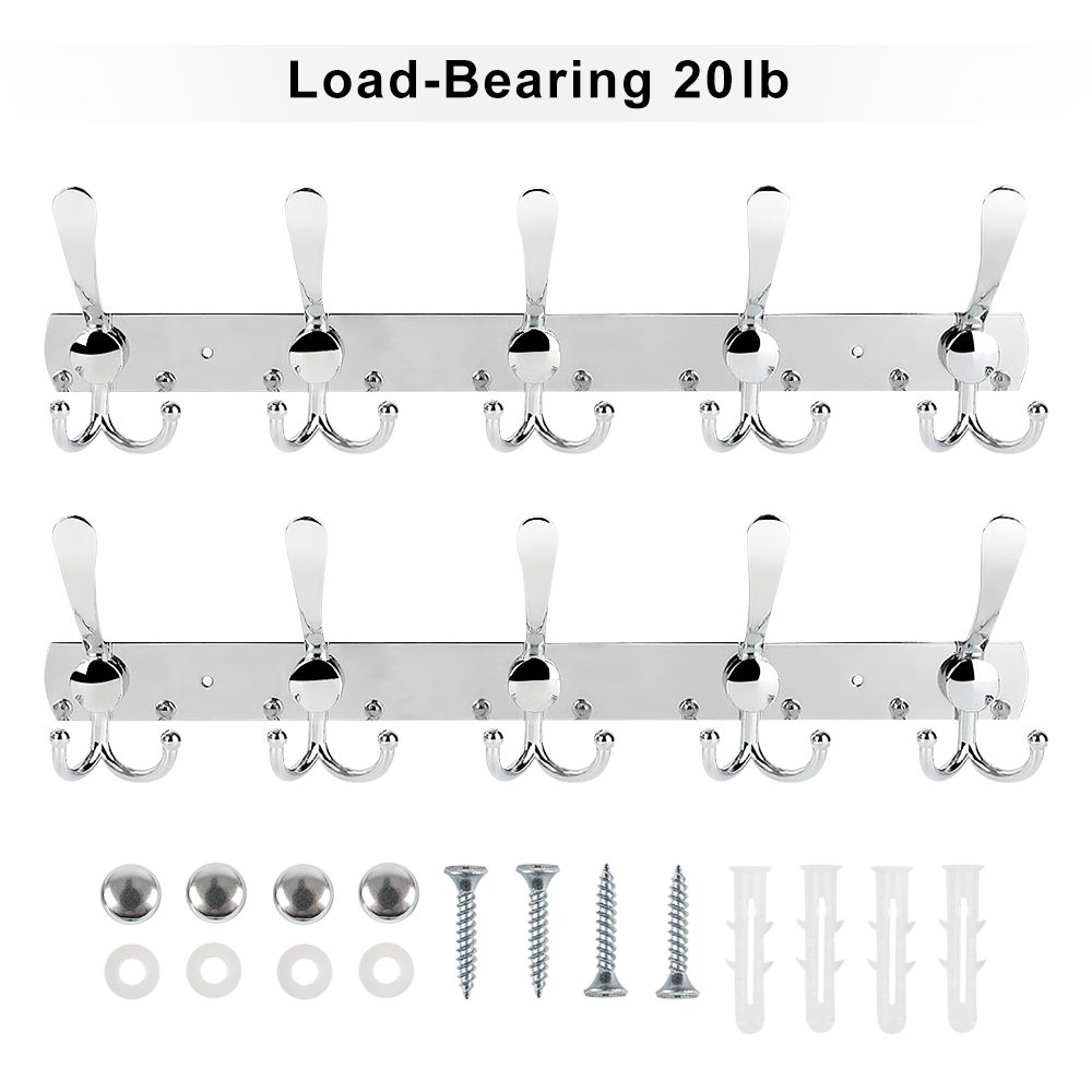 JOSHNESE Wall Mount Coat Hooks,5 Tri Hooks Heavy Duty Stainless Steel Hook Rail for Coat Hat Towel Robes Mudroom Bathroom Entryway(2 Pack,Silver