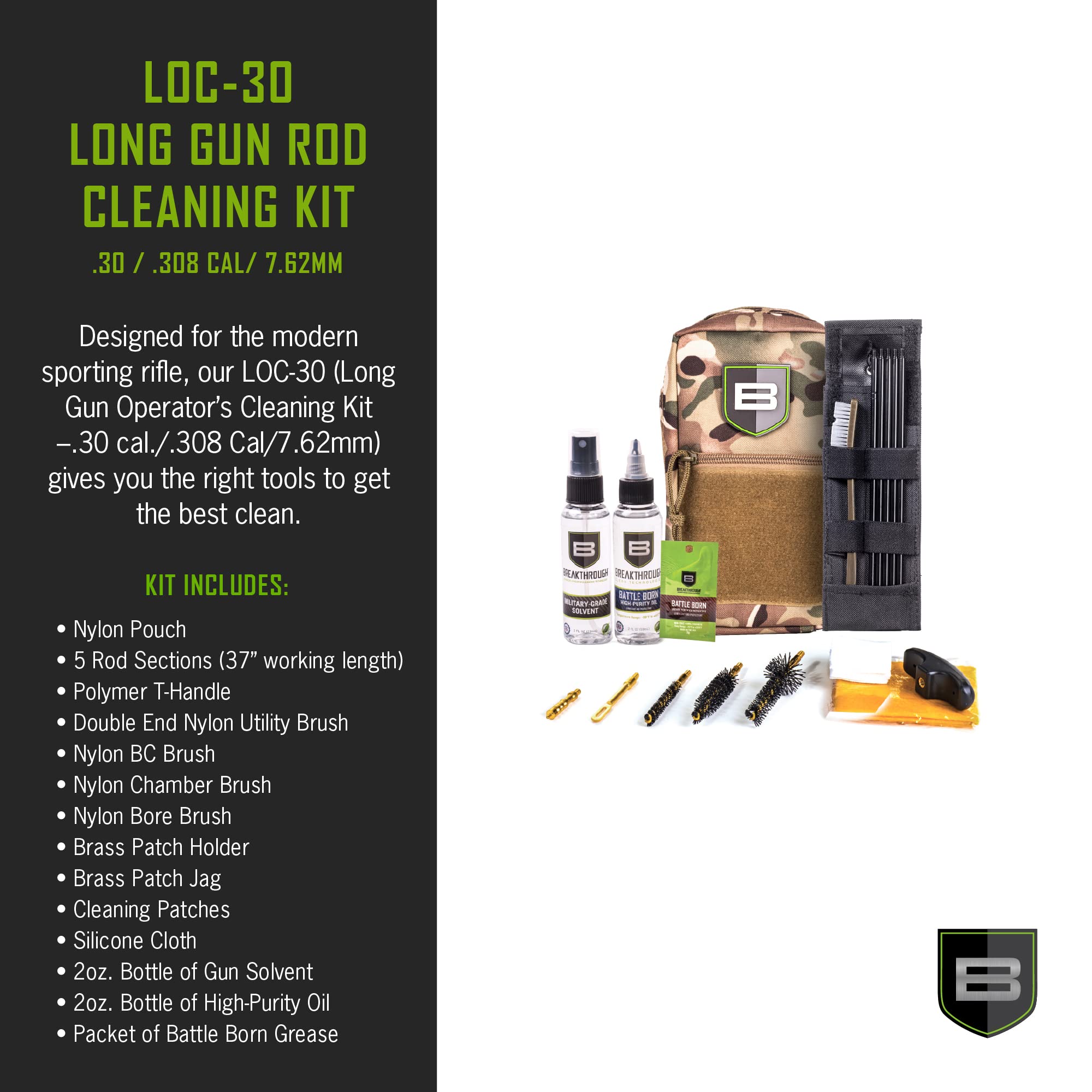 Breakthrough Clean Rifle Cleaning Kit with Oil and Cleaner- Nylon Pouch with Cleaning Tools for .30 Cal. / .308 Cal - CAMO