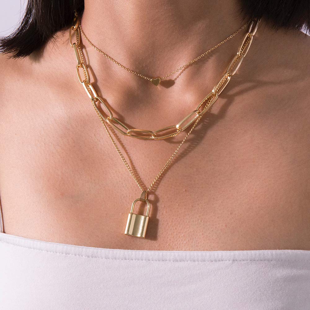 Neckcely 2 Pcs Dainty Layered Choker Necklaces Handmade Lock Heart Pendant Multilayer Adjustable Layering Chain Gold Necklaces Set for Women
