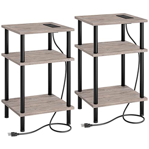 HOOBRO Set of 2 Side Tables with Charging Station and USB Ports, 3-Layer Stackable Nightstands, End Tables for Small Spaces in Bedroom, Living Room, Industrial Style, Greige and Black BG10UBZP201