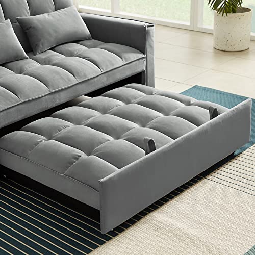 FANYE Loveseat Pull Out Sleeper Bed,2 Seater Sofa & Couch W/Adjustable Backrest Home Apartment Office Living Room Furniture Sets Sofabed, Gray Twin Velvet Two Pillows Both Side Pockets