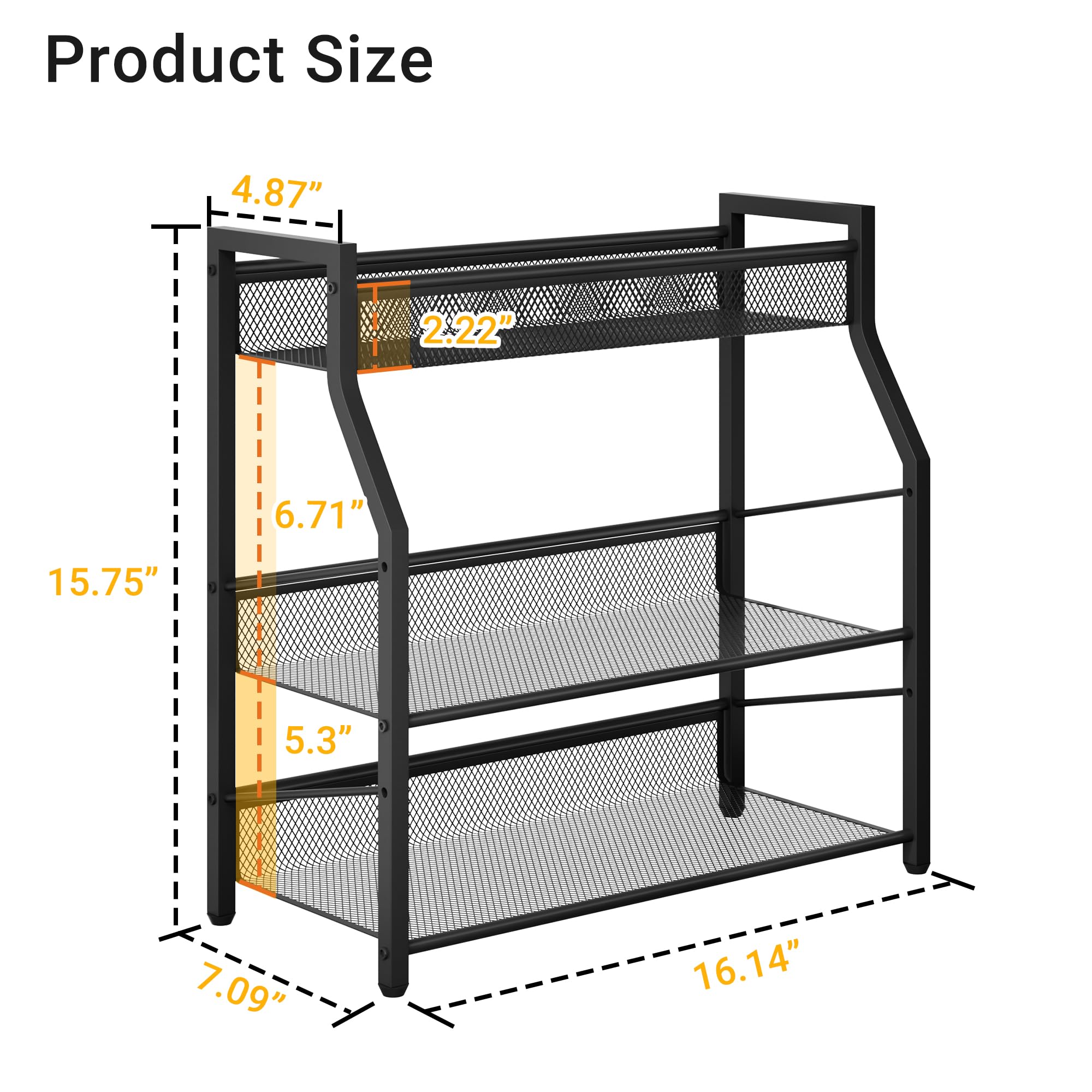 Dunatou 3 Tier Spice Rack, Kitchen Storage Organizer Shelf for Countertop, Metal Seasoning Storage Shelf with Guardrail and Mesh Design for Kitchen, Countertop, Dining Room, Black