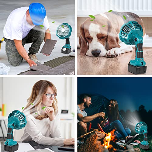 Portable Table Fan, 18V Battery Operated Fan with LED Light, Quiet Small Personal Fan 3 Speed Strong Airflow, Adjustable Tilt Remote Control Rechargeable Fan for Tent, Bedroom, Office, Jobsite