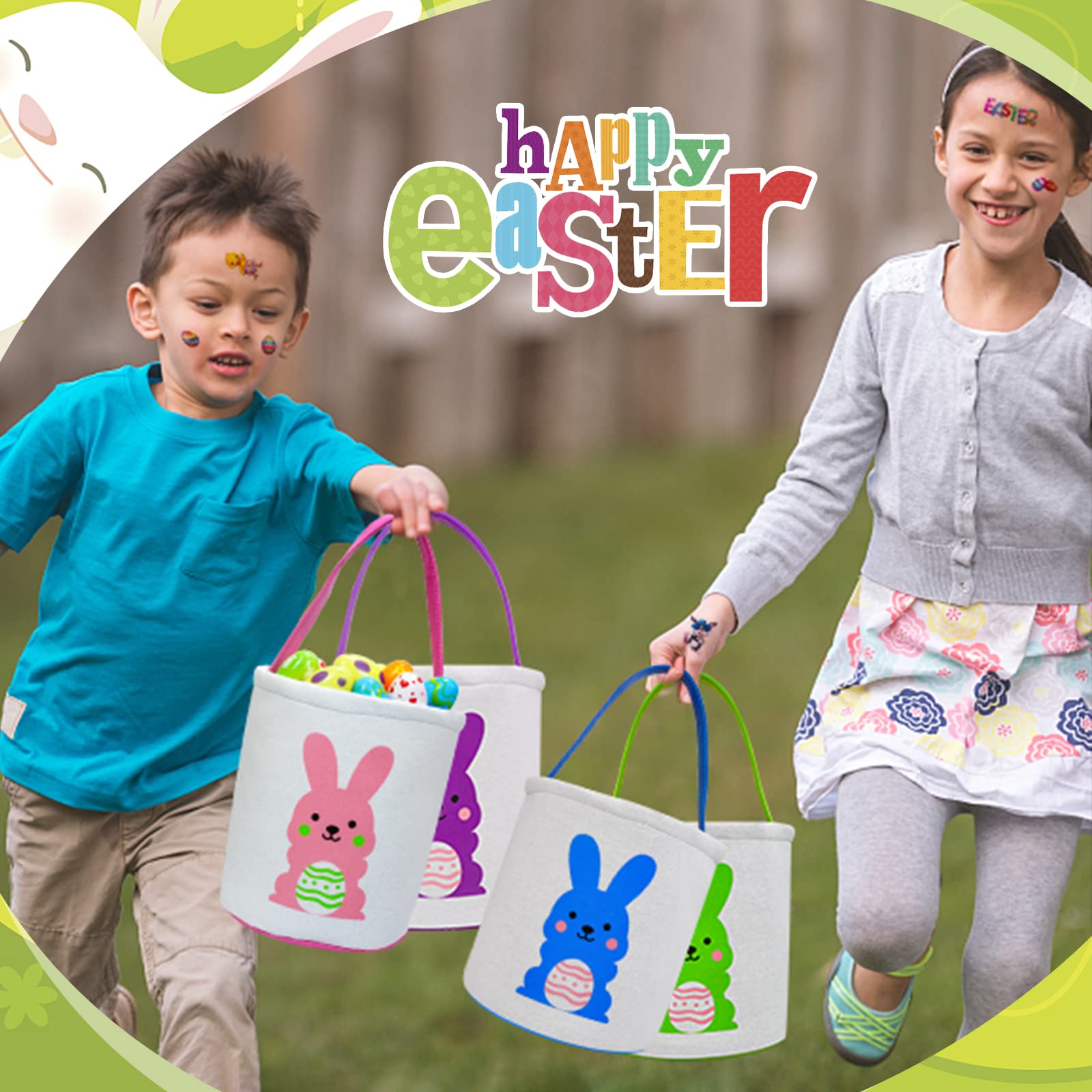 Easter Baskets for Kids, Easter Bunny Canvas Bags with 10Pcs Cute Tattoo Stickers for Easter Egg Toy Hunting, Reusable Candy Gifts Storage Baskets, Easter Decorations Party Supplies