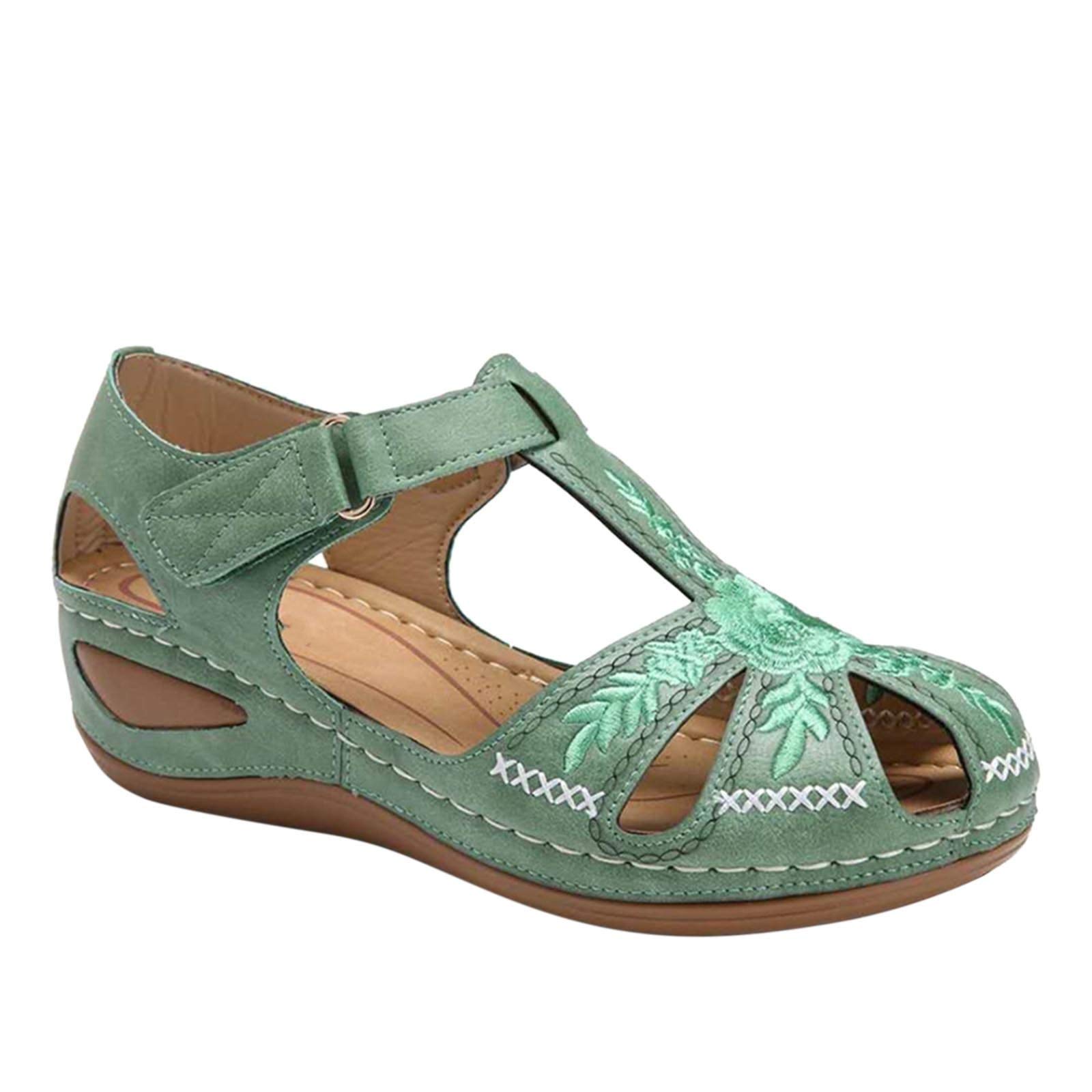 Cfcys Closed Toe Sandals - Women's 90S Vintage Flower Pattern Embroidery Upper Wedge Shoes Ankle Wrap Hook & Loop Sandals, Green, 7.5