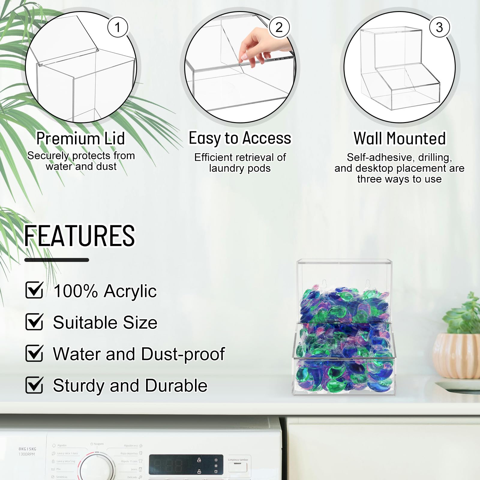 BSSOYAMM Laundry Pods Container, Acrylic Laundry Pods Holder with 2 Lid, Adhesive Dishwasher Pods Dispenser, Clear Laundry Room Organization Storage for Clothes Pins, Dryer Balls, Snack, Candy