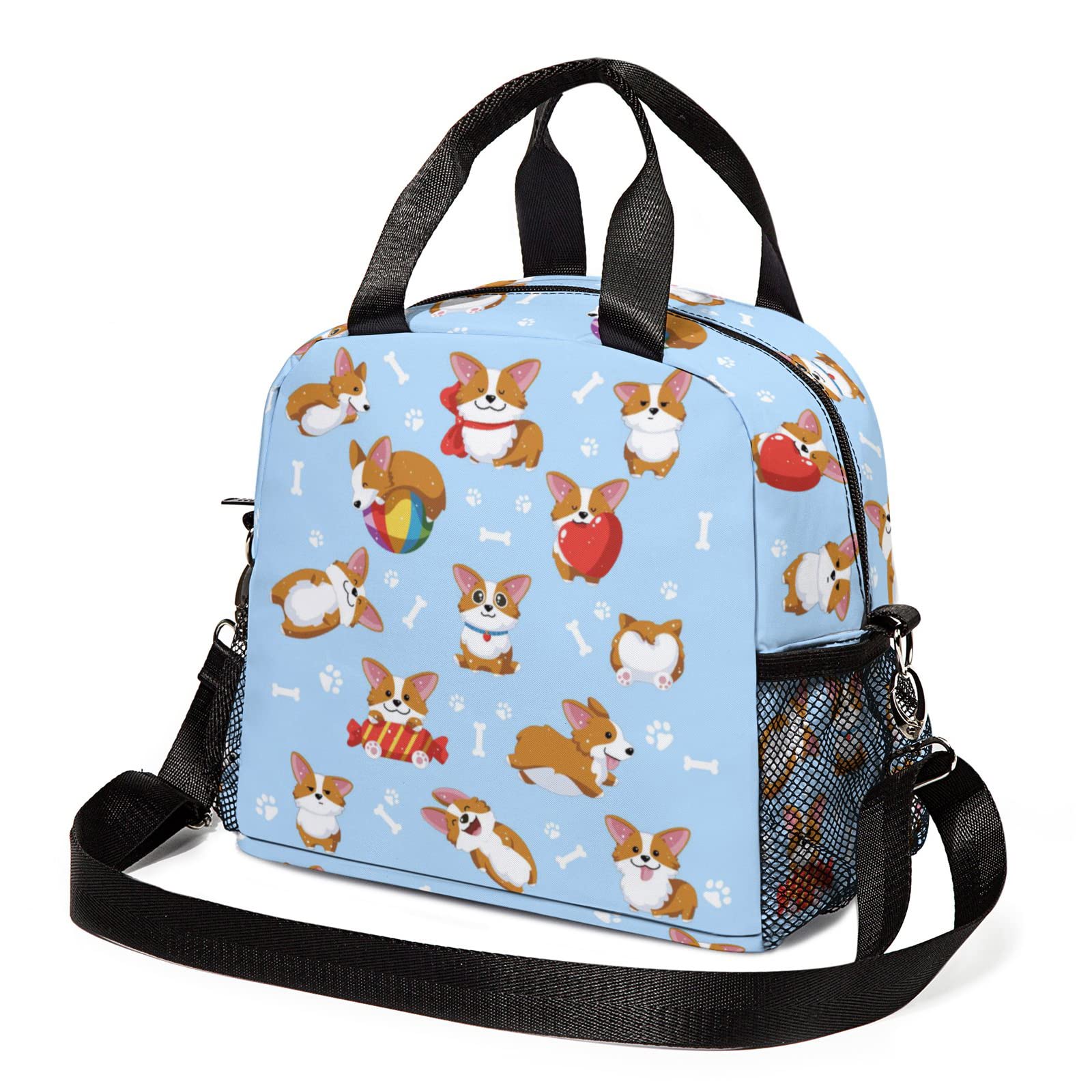 CEGGTDIR Insulated Reusable Lunch Bag with Adjustable Detachable Shoulder Strap, Durable Water-Proof Blue Corgi Lunch Box for Boys and Girls Portable Modern Tote Bag For School Picnic Travel