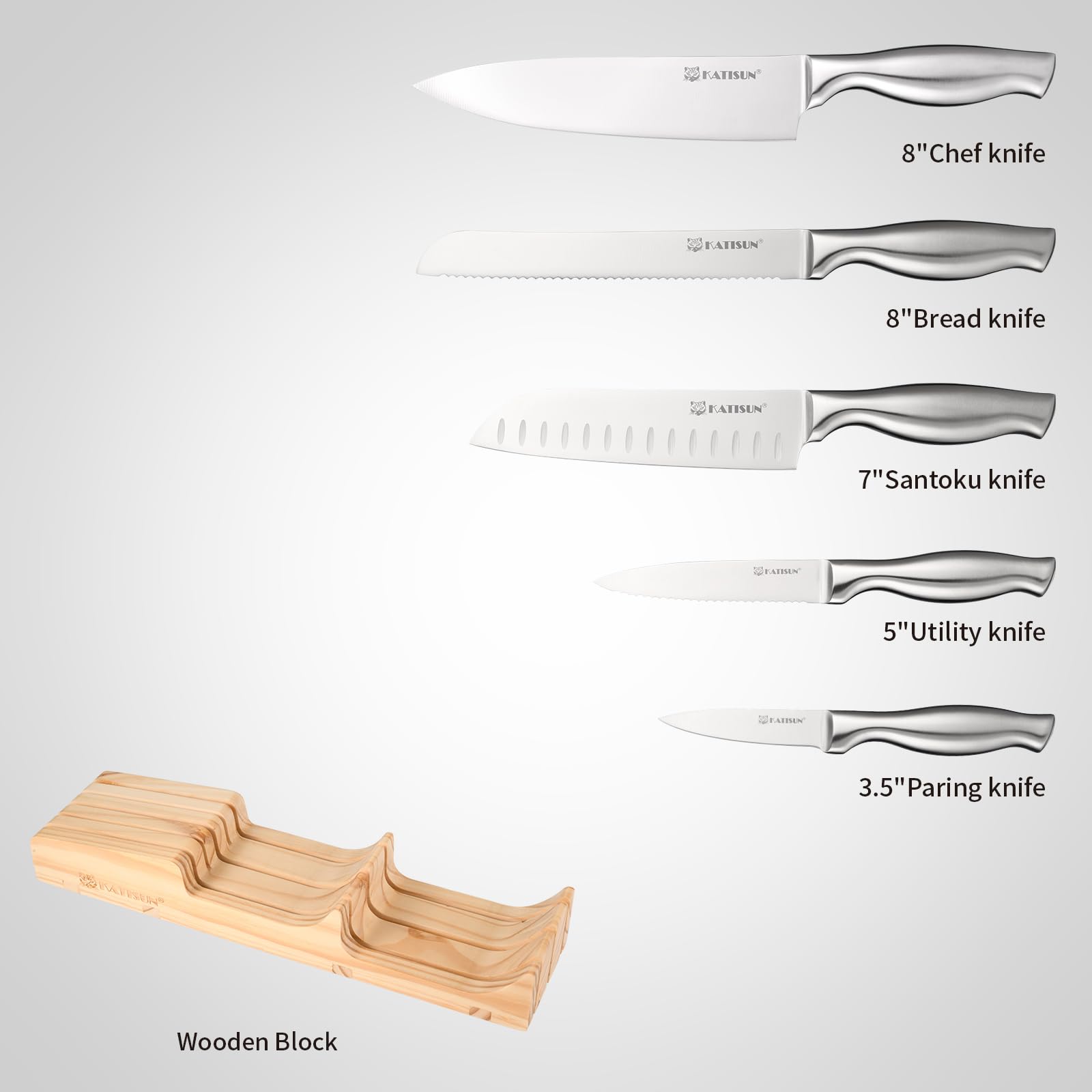 KATISUN Kitchen Knife Set, 6 Pieces Knife Block Sets with Pine Knives Drawer Organizer, Perfect for Home and Chefs, Premium Knife Holder, Gift for Holiday and Housewarming