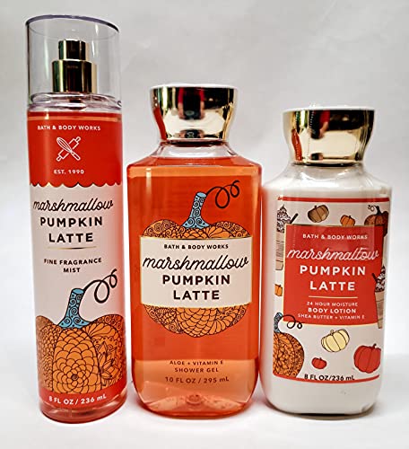 Bath & Body Works Marshmallow Pumpkin Latte 3 pc Bundle Shower Gel, Fine Fragrance Mist and Super Smooth Body Lotion