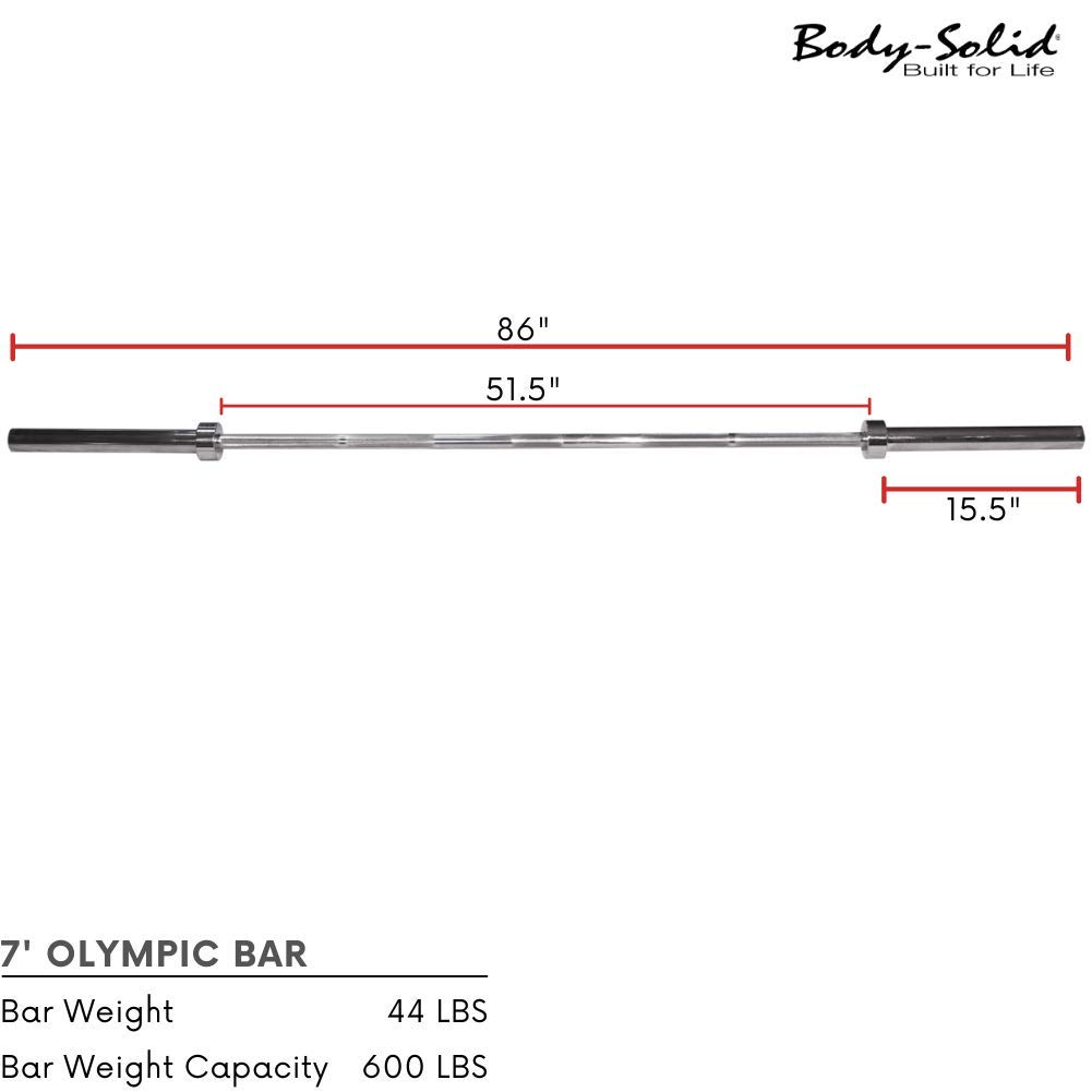 Body-Solid Olympic Bar Rod with Heavy Duty Grade Construction for Weights Lifting Equipment, Strength Training and Fitness Workouts For Home Gym Dumbbell Barbell, 44LB 7FT