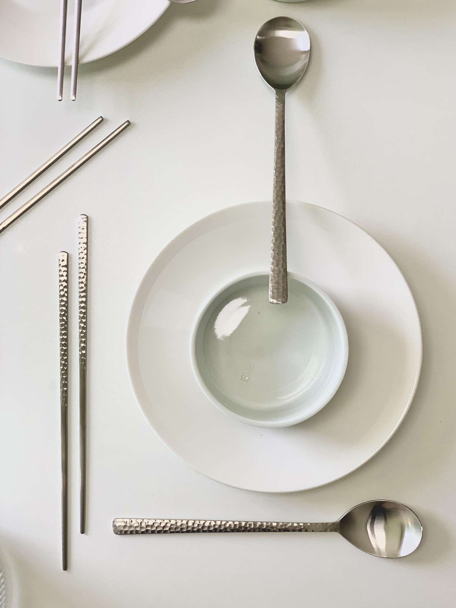 cozymomdeco Korean Made Silver Glossy Hammered Stainless Steel Korean Spoon & Chopstick SET (4SET)