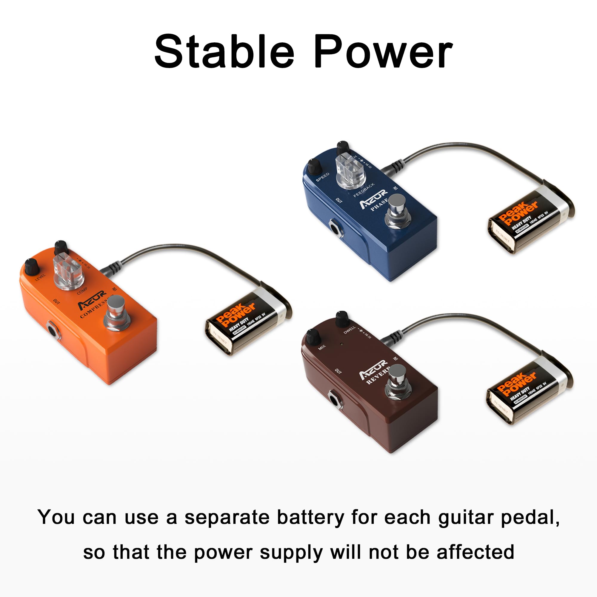 AZOR Distortion Guitar Effect Pedal 3 Modes Natural, Tight, Classic with Guitar Pedal Power Cable,9V Battery Clip Converter Power Cable