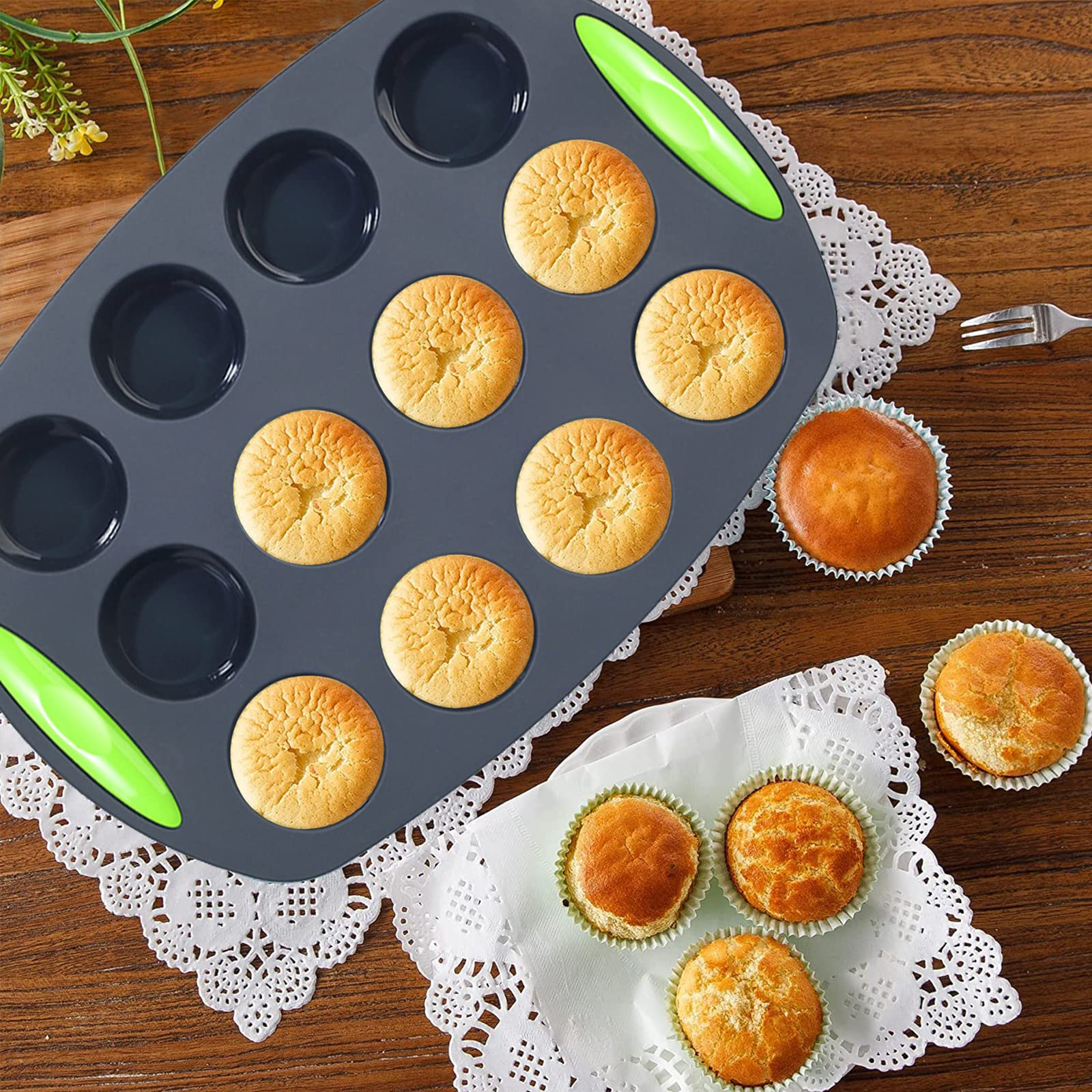 BesoAbrazo Silicone Muffin Pan 12 Cups Mini Size, Non-stick and Easy Pop Out Muffin Tin, Good Grip Perfect Result Cupcake Baking Tray, Egg Tart Bite Mini Pie Molds, Dark Grey