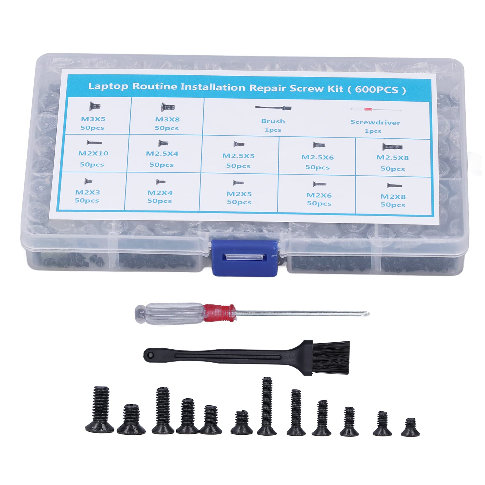 Computer Screws 600Pcs Computer Screw Set, Flat Head Carbon Steel M2 M2.5 M3 with Brush Screwdriver Tool Set Kit for Hard