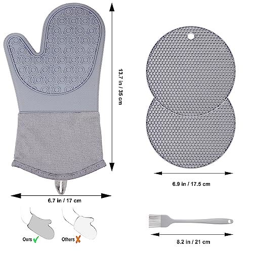 Oven Mitts and Pot Holders Sets, Silicone Oven Mitts Heat Resistant 550℉ Kitchen Oven Mits/Glove Set, Extra Long Kitchen Mittens and Hot Pads Pot Holder with Basting Brush for Baking Cooking Grilling
