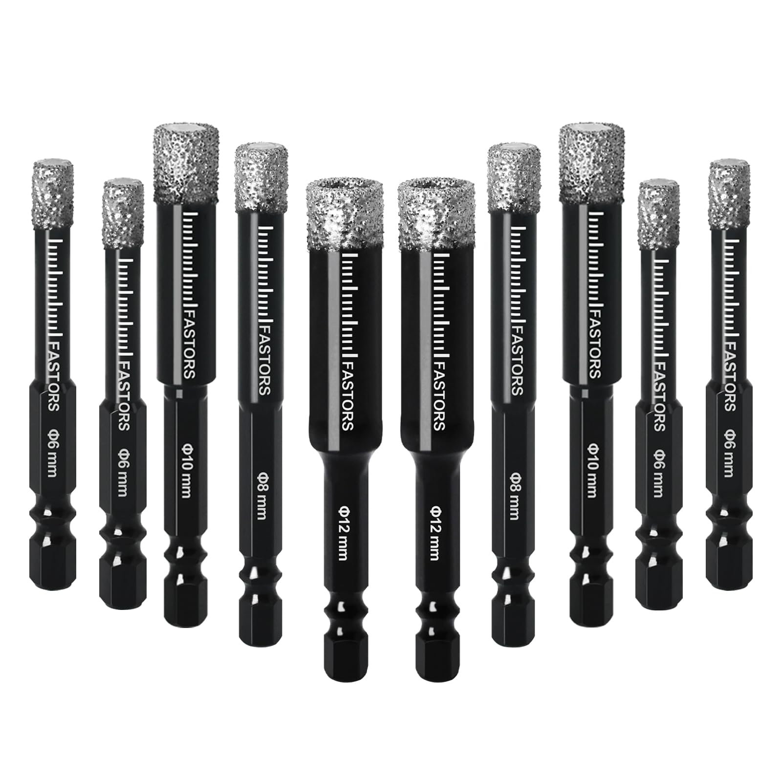 FASTORS Dry Diamond Drill Bit Set,10-Pack Diamond Core Drill Bits for Tile Ceramic Marble Granite Glass Brick Stone,1/4 Hex Shank Size 6,8,10,12 mm