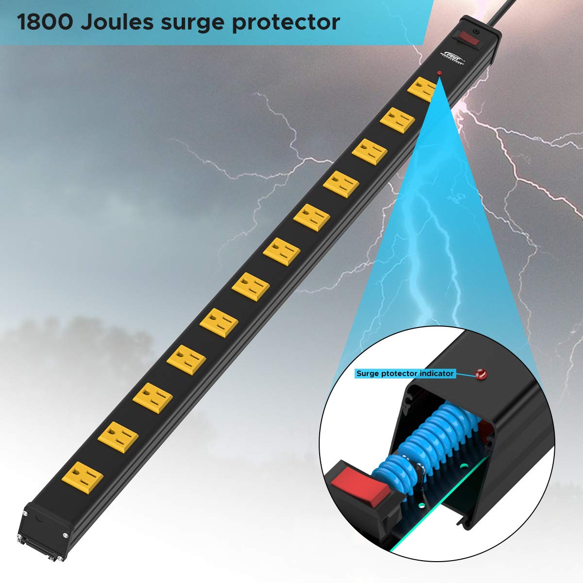CRST Heavy Duty Surge Protector Power Strip Wide Spaced 12-Outlet 15 Feet Long Extension Cord with Mounting Brackets 15A Circuit Breaker 1800 Joulesā¦