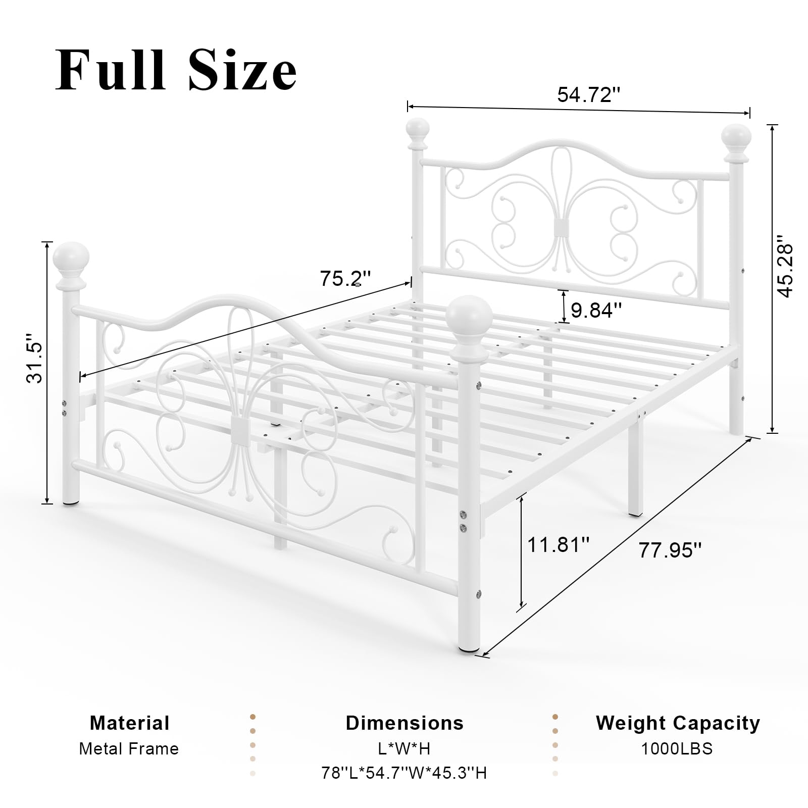 LoVinson Full Size Bed Frame,Metal Platform Bed Frame with Headboard, Butterfly Pattern Design Headboard & Footboard, Strong Metal Slat Support, Easy Assemble, No Box Spring Needed, Noise Free, White