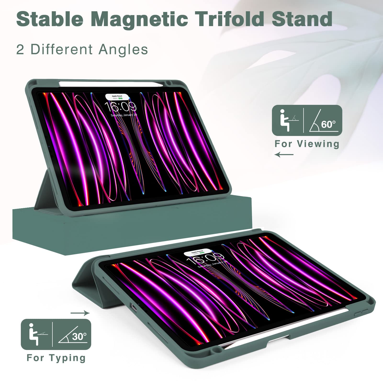 Dwopar for iPad Pro 11 Inch Case 4th Generation 2022/ 3rd Generation 2021/ 2nd Generation 2020 with Pencil Holder, Smart Trifold Stand Protective Case,Slim TPU Back, Auto Wake/Sleep Cover(Dark Green)